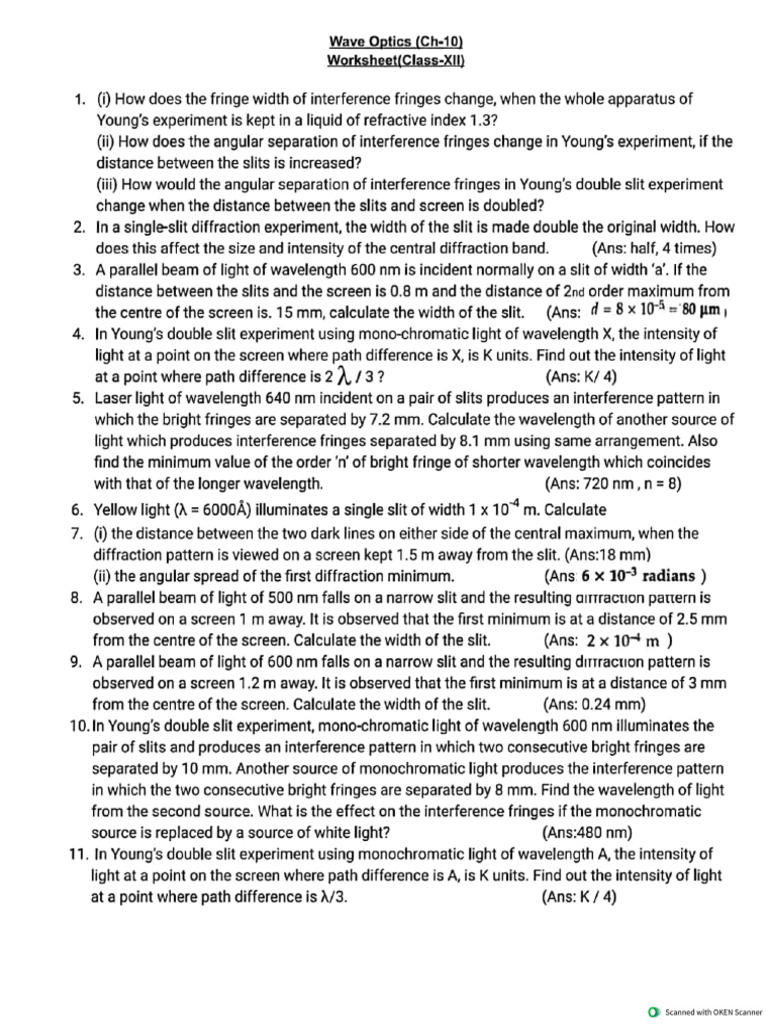 Wave Optics Worksheet | PDF