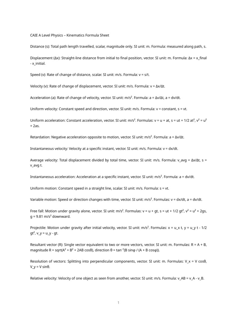 Caie Kinematics Formula Sheet | PDF | Velocity | Acceleration