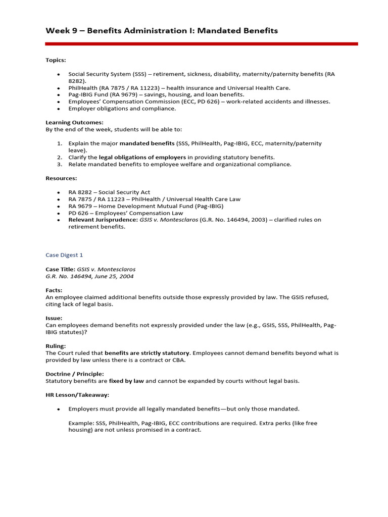 WEEK 9 Benefits Administration Mandated Benefits | PDF | Employment ...