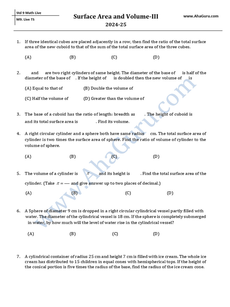 Std 9 Math Surface Area & Volume Problems | PDF | Sphere | Volume