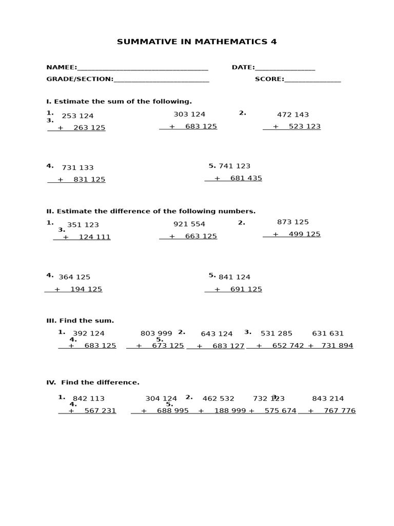 Summative in Mathematics 4 Addition - Subtraction | PDF
