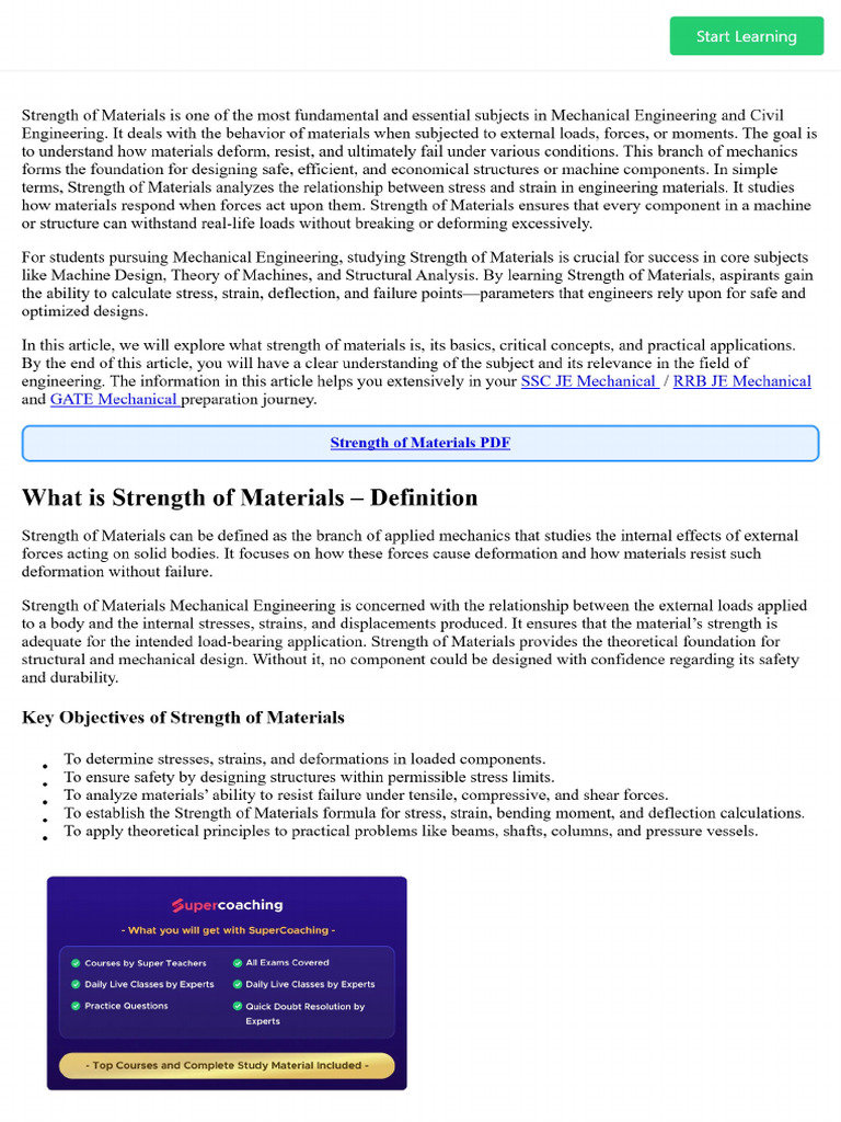 Strength of Materials - Basics, Formulas, Stress Strain, PDF Notes | PDF
