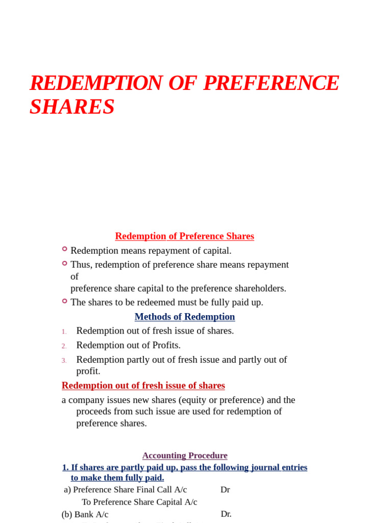 Redemption of Preference Shares Explained | PDF | Dividend | Preferred ...