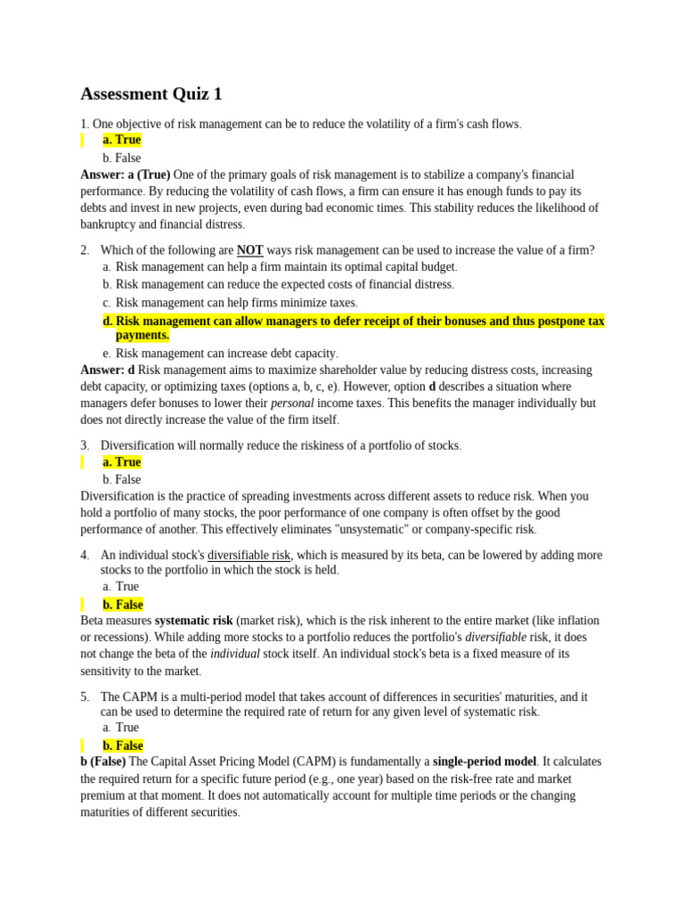 Assessment Quiz KEY | PDF | Capital Asset Pricing Model | Futures Contract