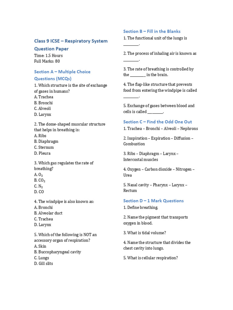 Class 9 ICSE Respiratory System Exam Guide | PDF | Respiratory System ...