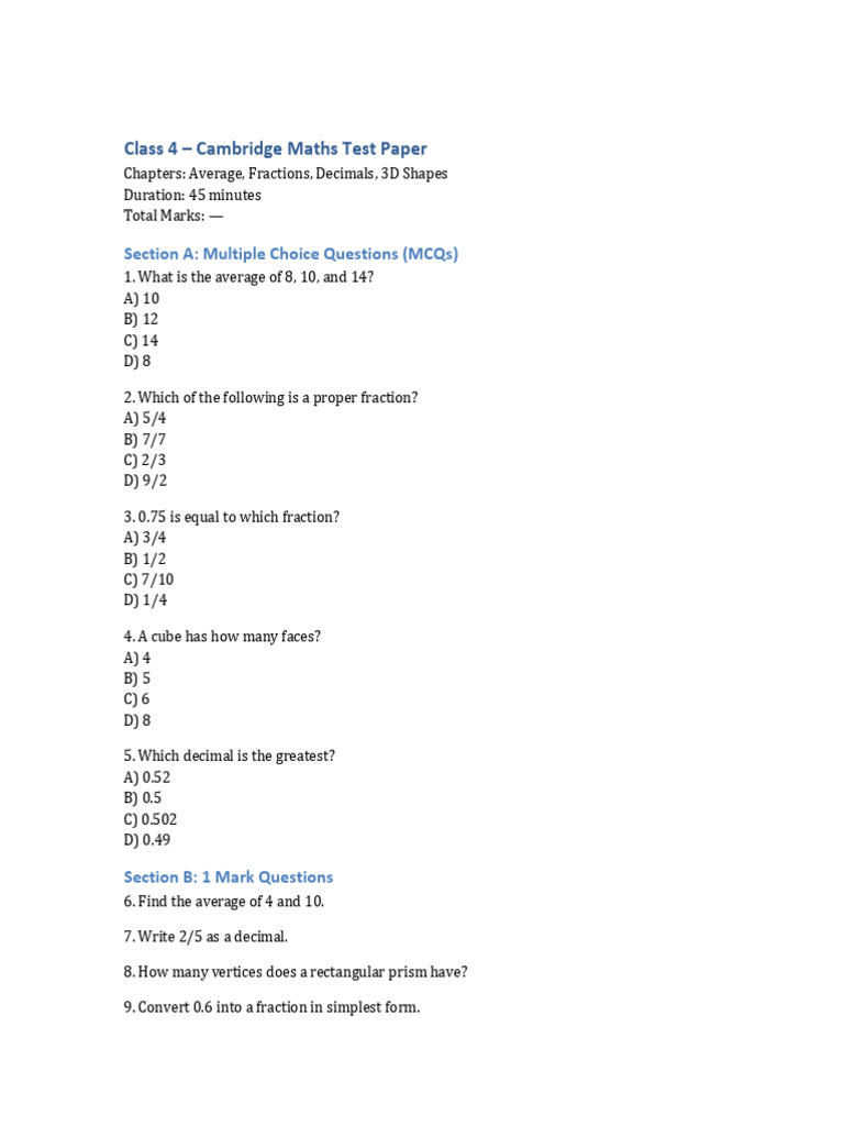 Cambridge Class 4 Maths Test Paper | PDF