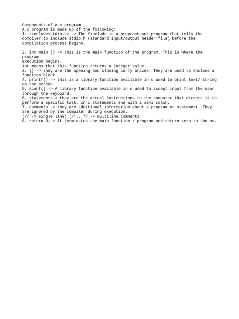 Key Components of a C Program | PDF