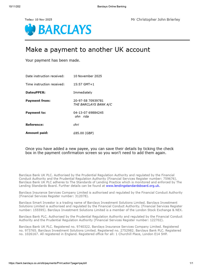 Transfer Receipt | PDF | Banks | Barclays
