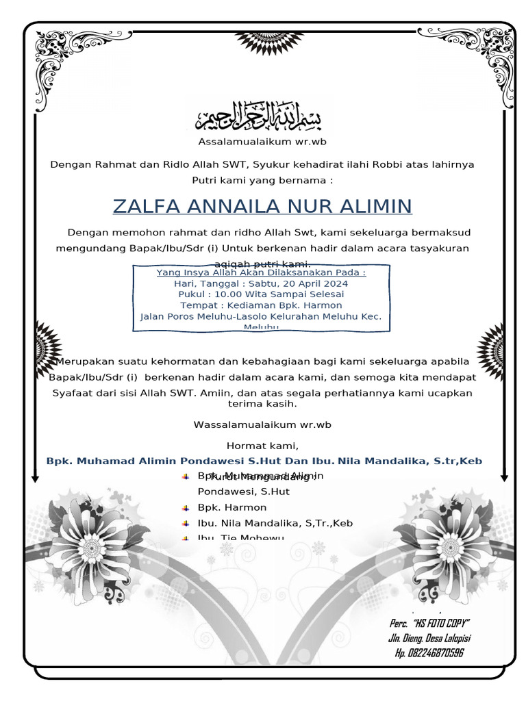 Undangan Aqiqah Zalfa Annaila 2024 | PDF