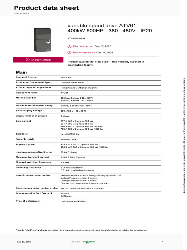 Schneider Electric Altivar 61 Variable Frequency Drives VFD ATV61HC40N4 ...