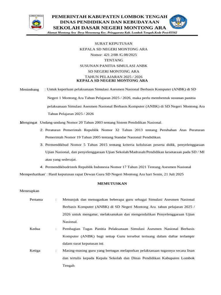 Susunan Panitia ANBK SD Montong Ara 2025 | PDF