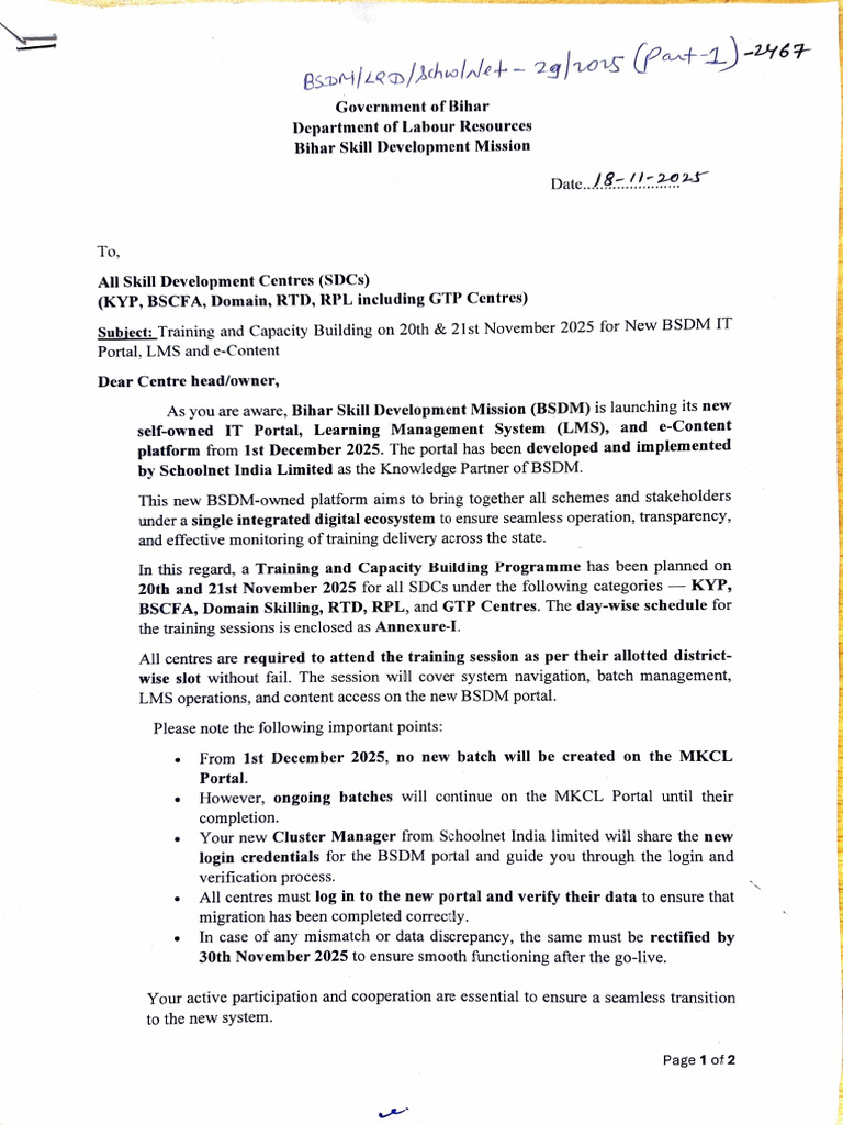 Letter To SDC For Training On 20th and 21st 1 | PDF