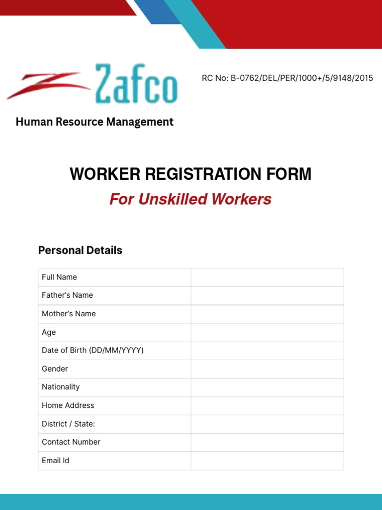 Zafco Worker Registration Form | PDF