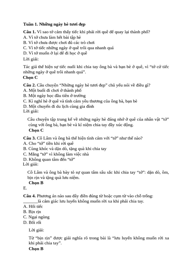 Ngan Hang de Va Dap An Mon Tieng Viet Lop 4 | PDF