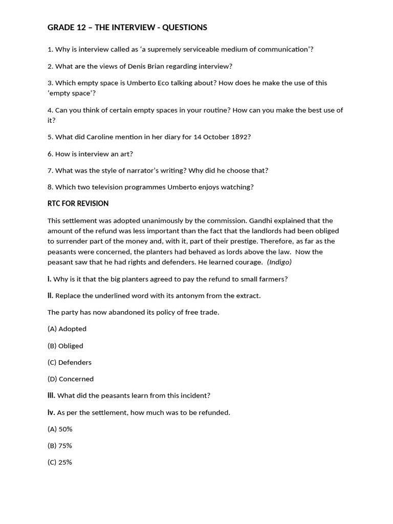 Grade 12 Interview Questions Guide | PDF