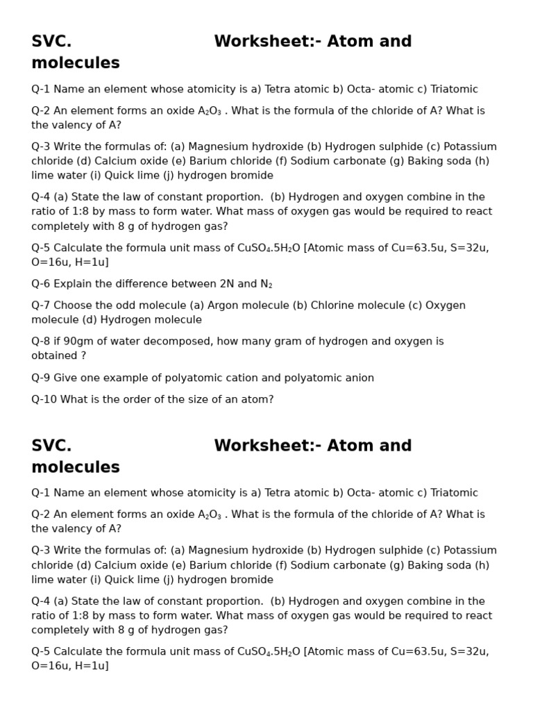 Atom and Molecules Worksheet Questions | PDF