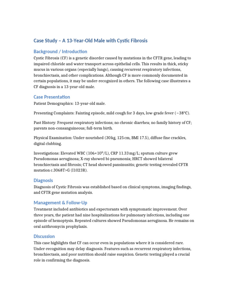 Cystic Fibrosis Case Study in Teenager | PDF