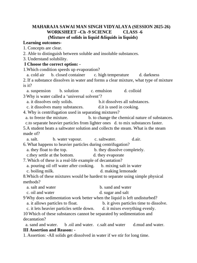 Worksheet of Separation of Substance | PDF | Mixture | Solubility