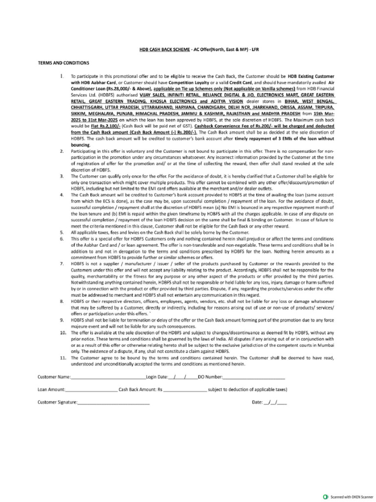 HDB Cash Back Scheme - Ac Offer (North, East & MP) - LFR - Mar 2025 | PDF