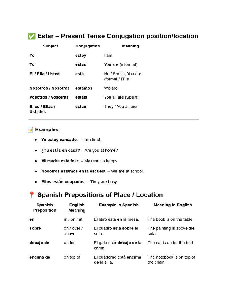 Estar - Present Tense Conjugation Position - Location | PDF