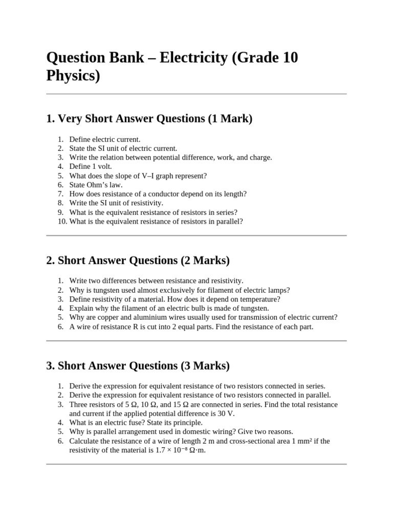 Grade 10 Electricity Question Bank | PDF | Series And Parallel Circuits ...