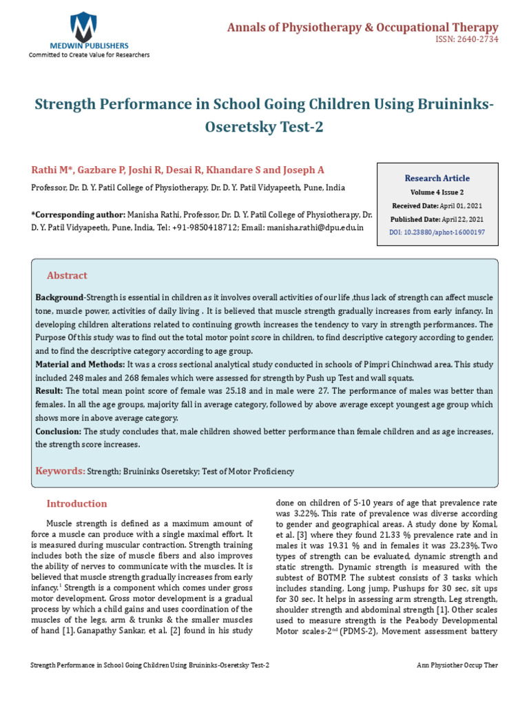 Strength Performance in School Going Children Using Bruininks Oseretsky ...
