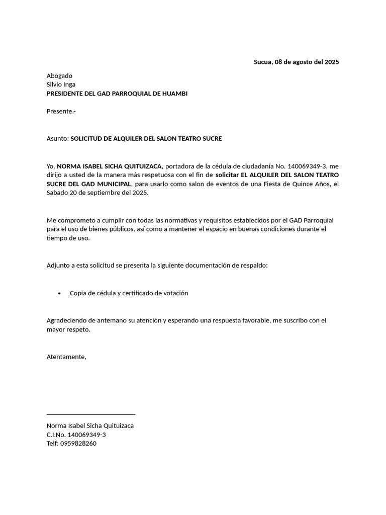 Solicitud de Alquiler del Salón Teatro Sucre | PDF