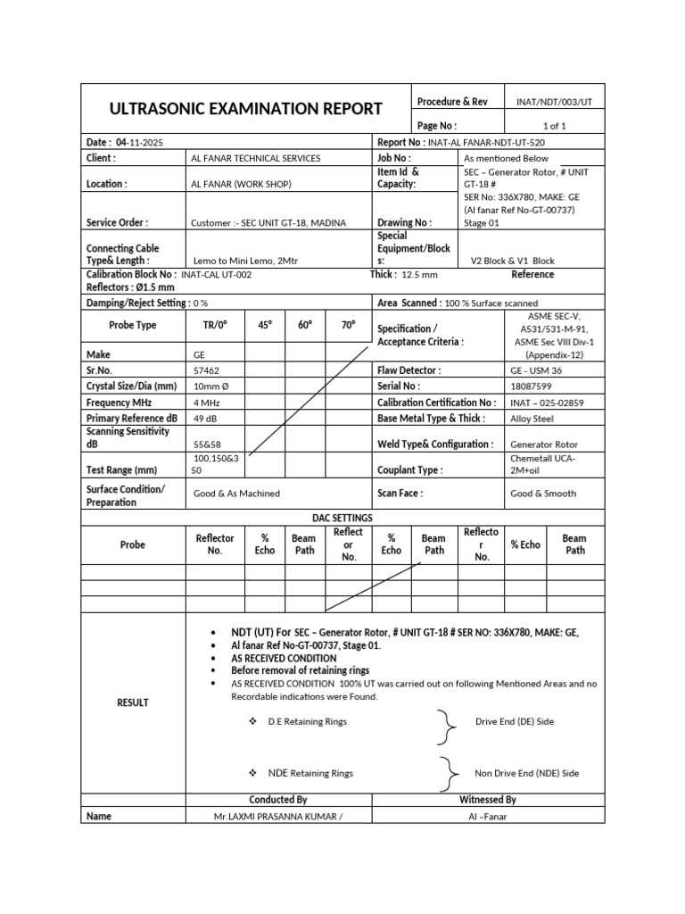 Ultrasonic Examination Report for Generator Rotor | PDF ...