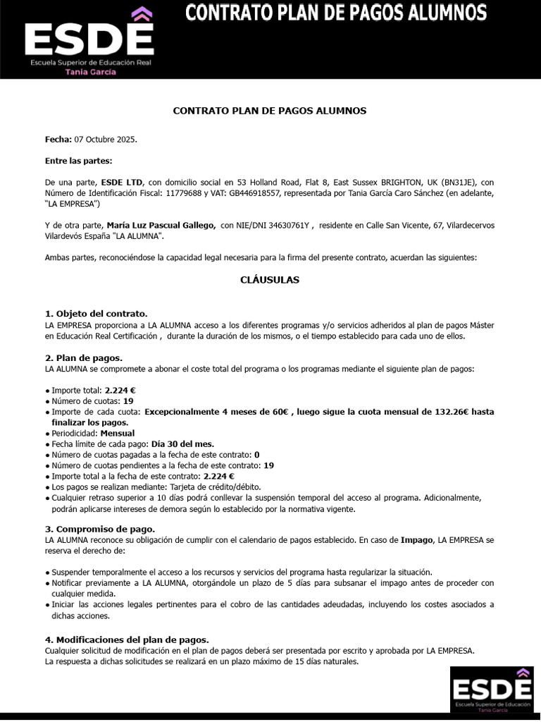María Luz Pascual Gallego-Contrato Plan de Pagos Alumnos ESDE | PDF ...