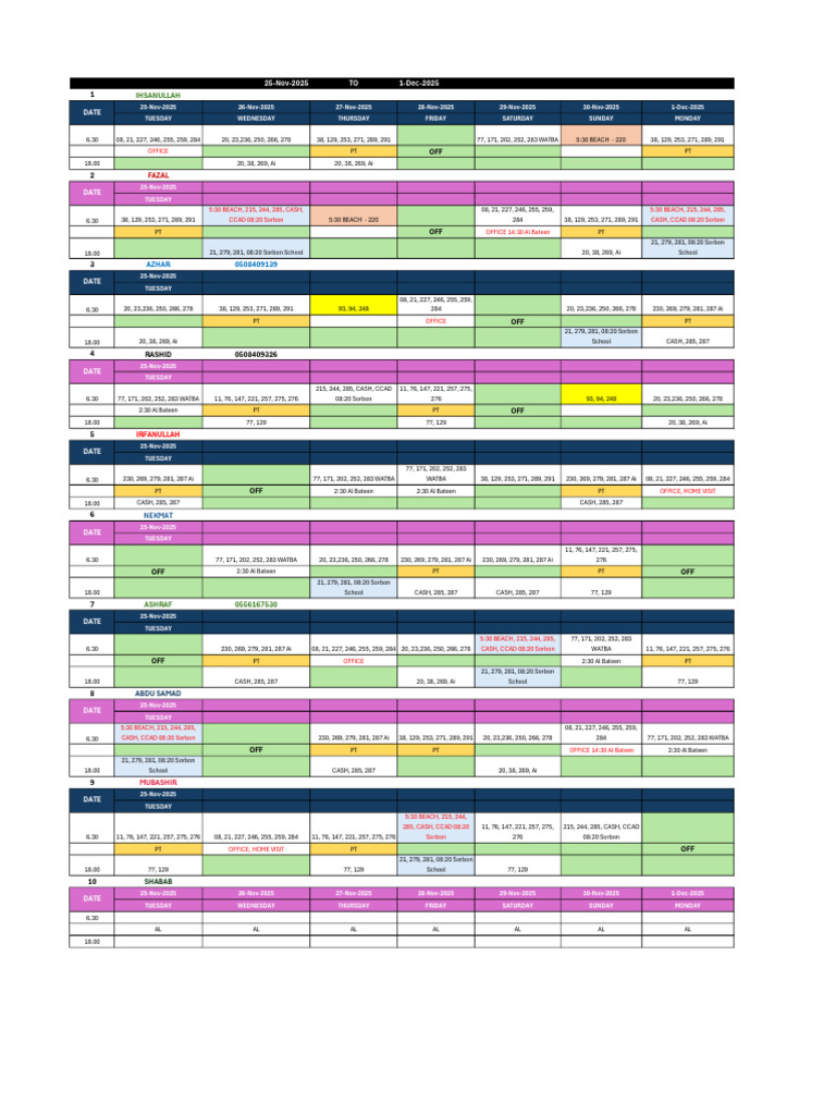 01 25 NOV - 01 DEC 2025 Driver's Schedule | PDF | United Arab Emirates