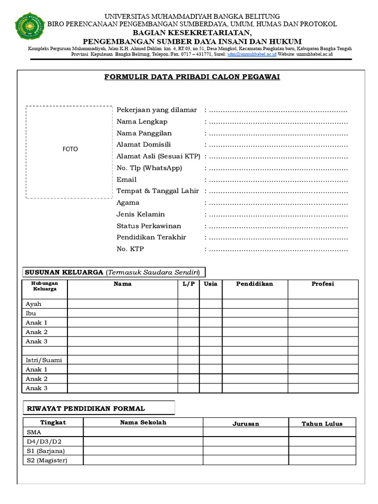 Formulir Data Pribadi Calon Pegawai | PDF