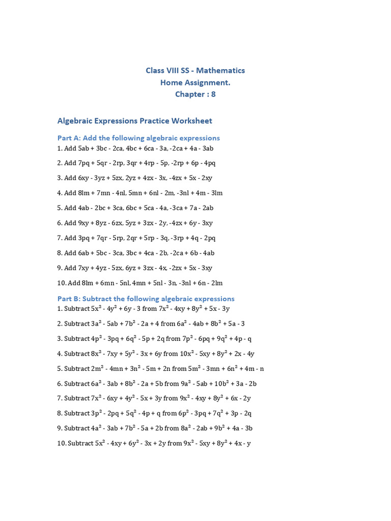 Addition and Subtraction of ALgebraic Expresssions. | PDF