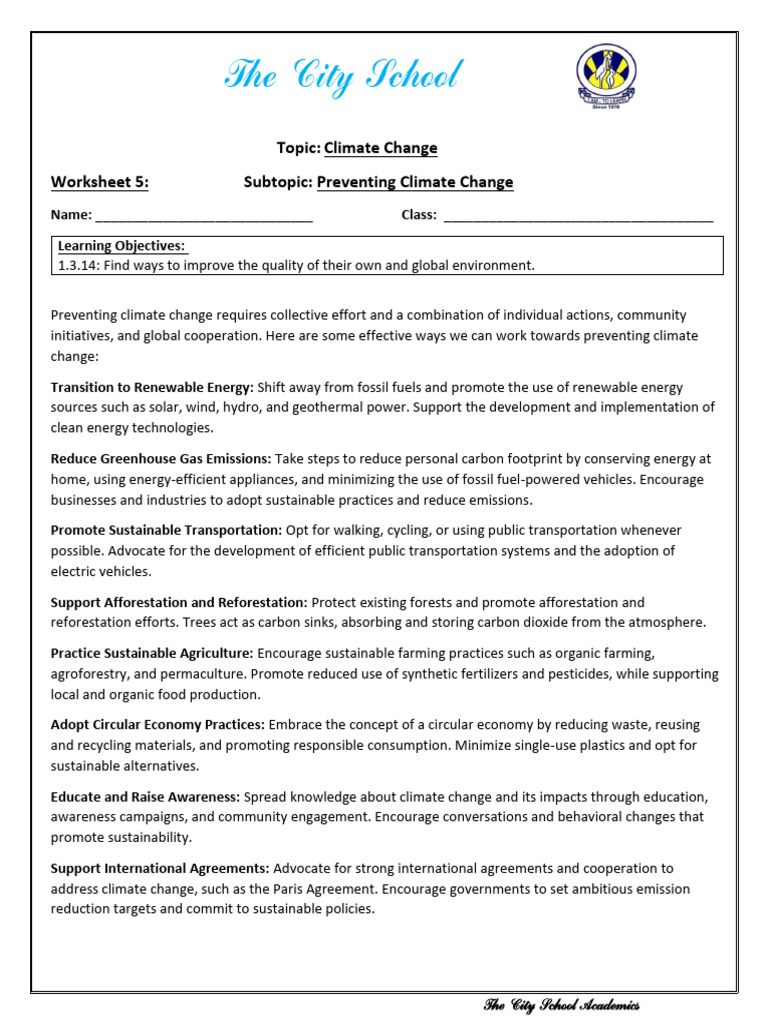 Worksheet 5 - Preventing Climate Change | PDF | Climate Change ...