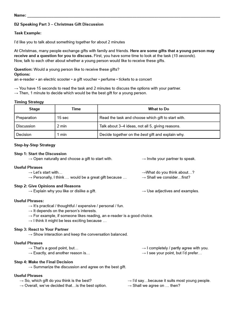 Christmas Gift Discussion Guide for B2 Speaking | PDF