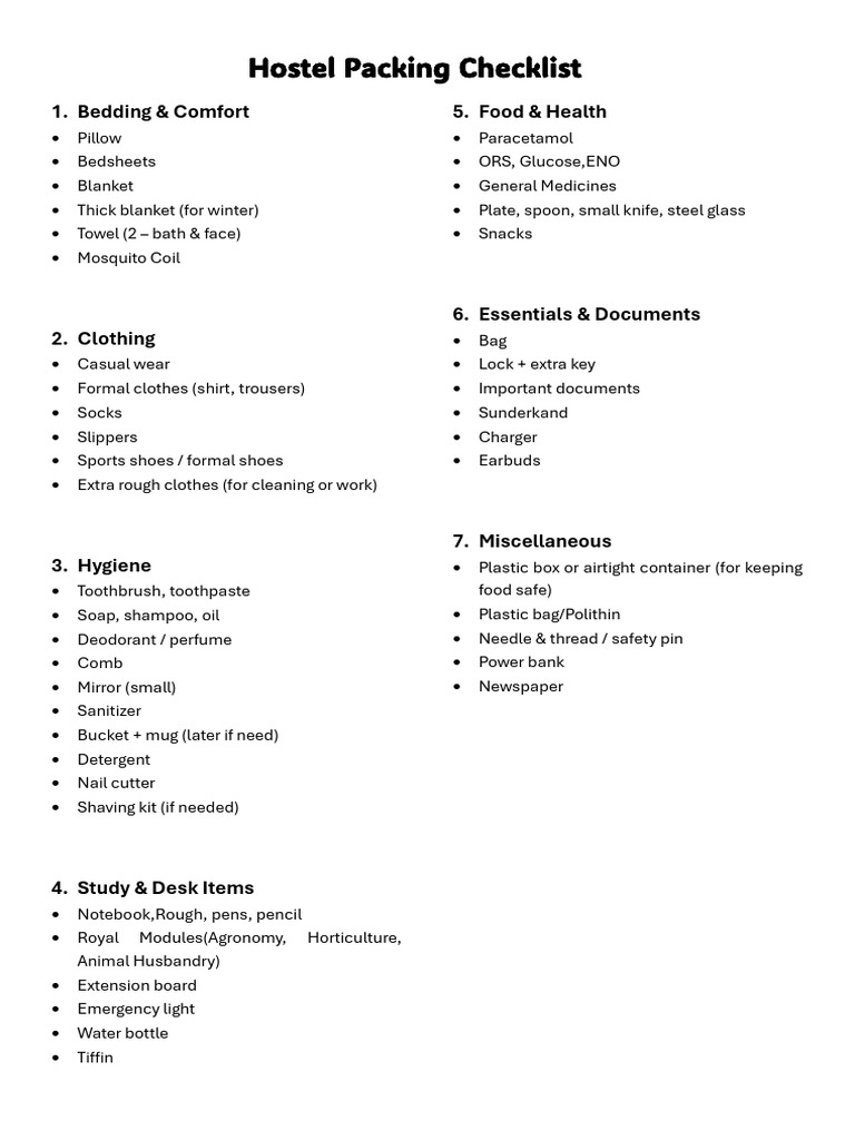 Essential Hostel Packing Checklist | PDF