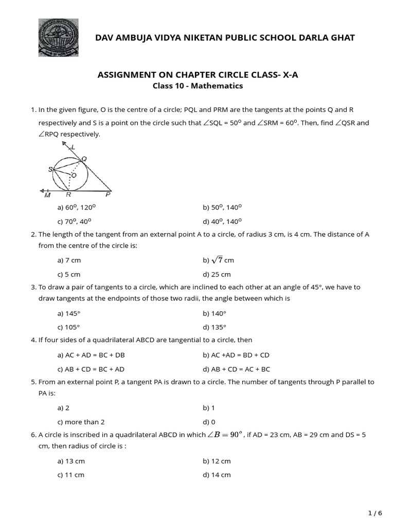 Assignment On Chapter Circle | PDF | Circle | Perpendicular