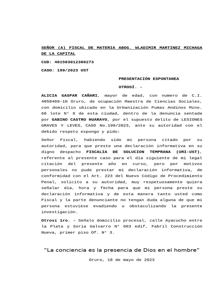 Gregorio Ignacio Presentacion Espontanea | PDF