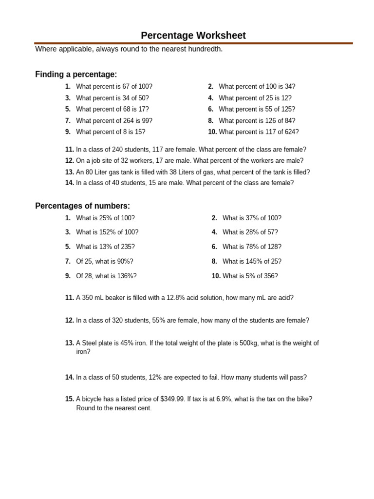 Comprehensive Percentage Worksheet | PDF