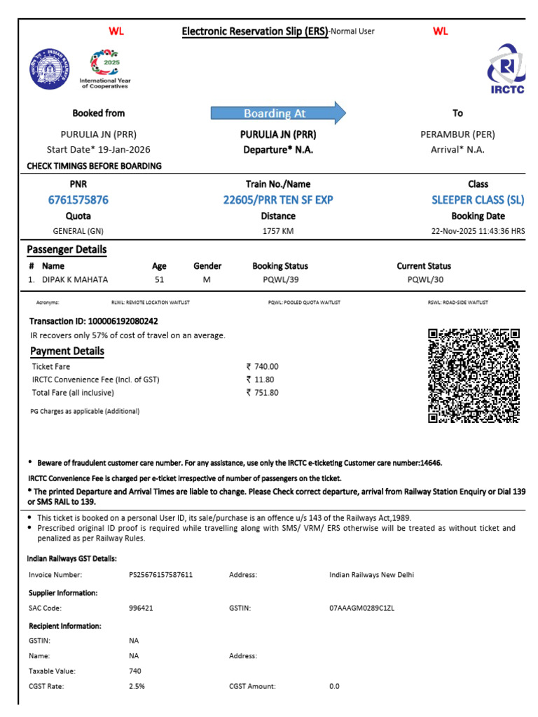 22605/Prr Ten SF Exp Sleeper Class (SL) : WL WL | PDF | Identity ...