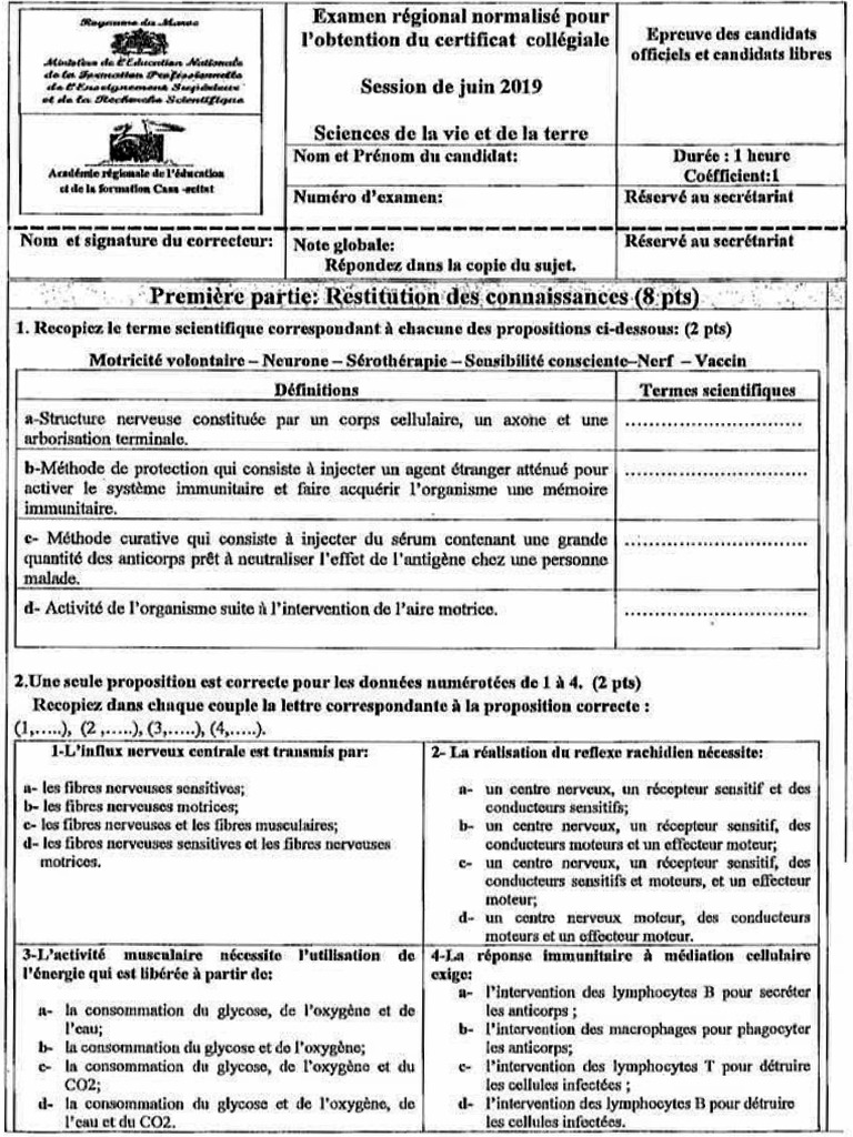 Examen Régional en SVT 2019 - Casa Settat | PDF