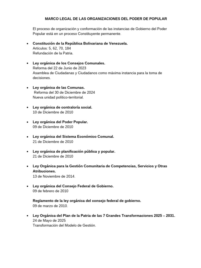 Marco Legal de Las Organizaciones Del Poder de Popular - Docm | PDF