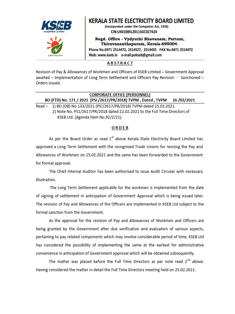 KSEB Pay Revision & Settlement 2021 | PDF | Trade Union | Business