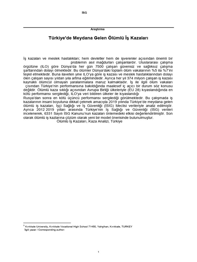 Türkiye'de Meydana Gelen Ölümlü İş Kazaları (#829490) - 1408947 | PDF