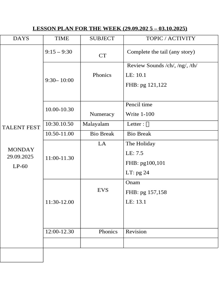 Ukg Lesson Plan For Upcoming Week | PDF