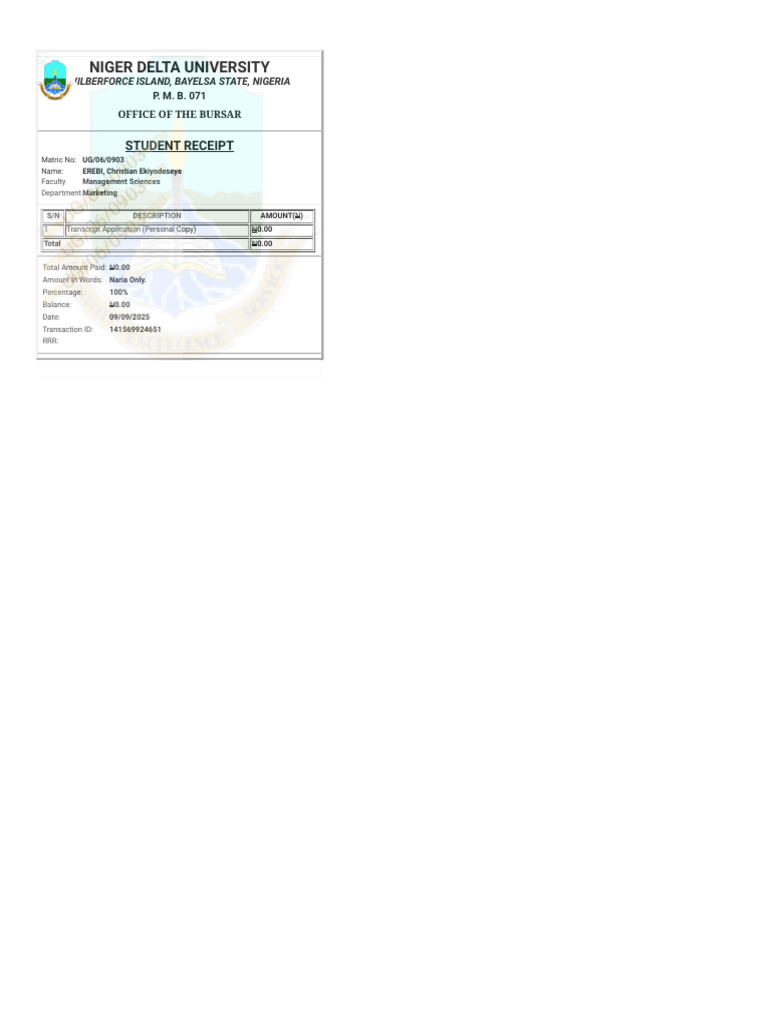 Niger Delta University Student Receipt | PDF