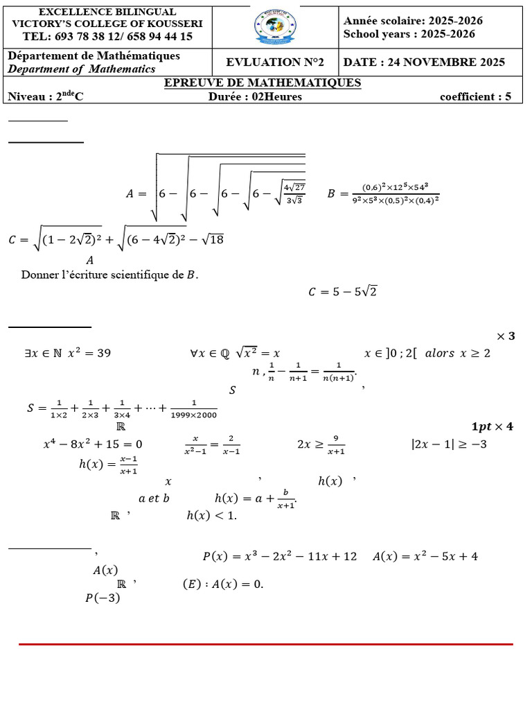 Évaluation de Maths 2nde C - Novembre 2025 | PDF | Arithmétique | Algèbre