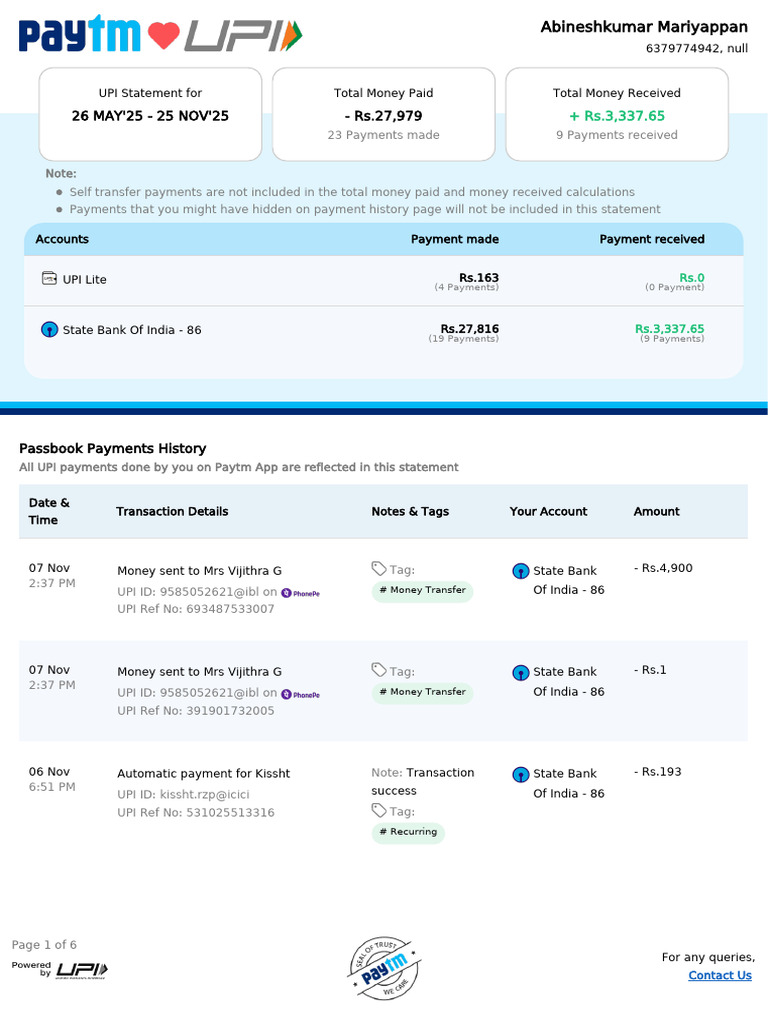 Paytm UPI Statement 26 May'25 - 25 Nov'25 | PDF | Economies | Market ...
