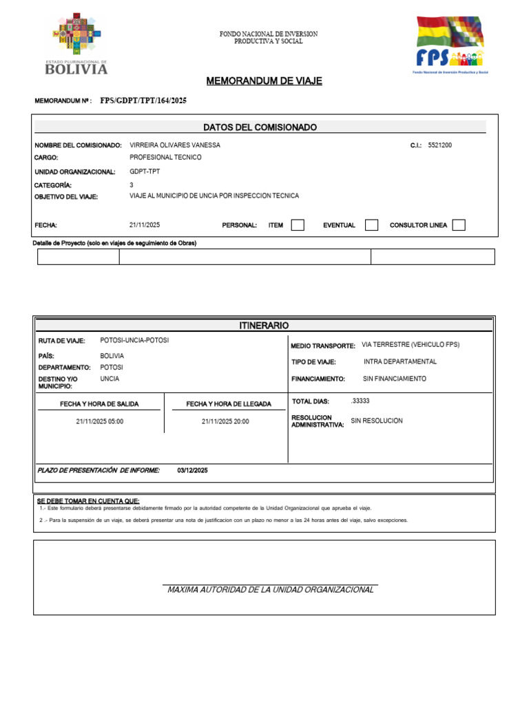 Formulario de Viaje Nº_ 164 | PDF