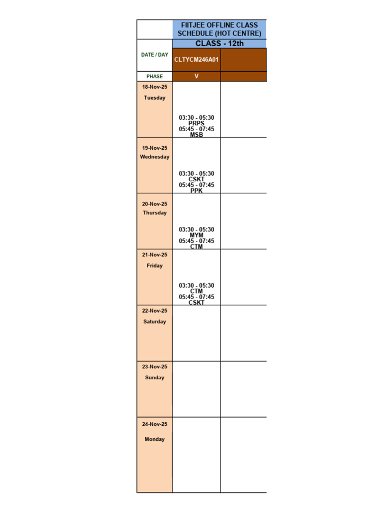 12th Grade FIITJEE Class Schedule | PDF