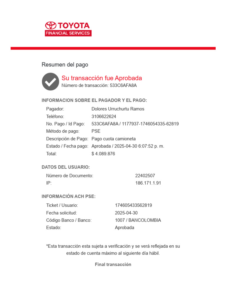 Pagos en Línea Toyota Mayo Cuota 2025 | PDF